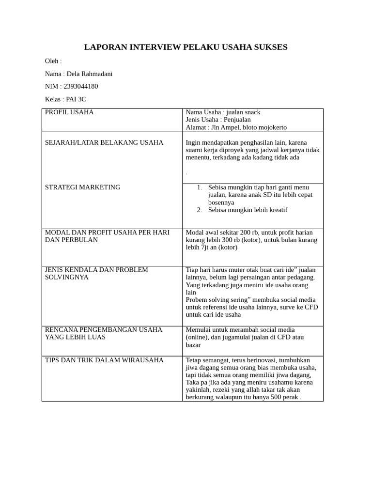 Laporan Interview Pelaku Usaha Sukses Della | PDF | Karier ...