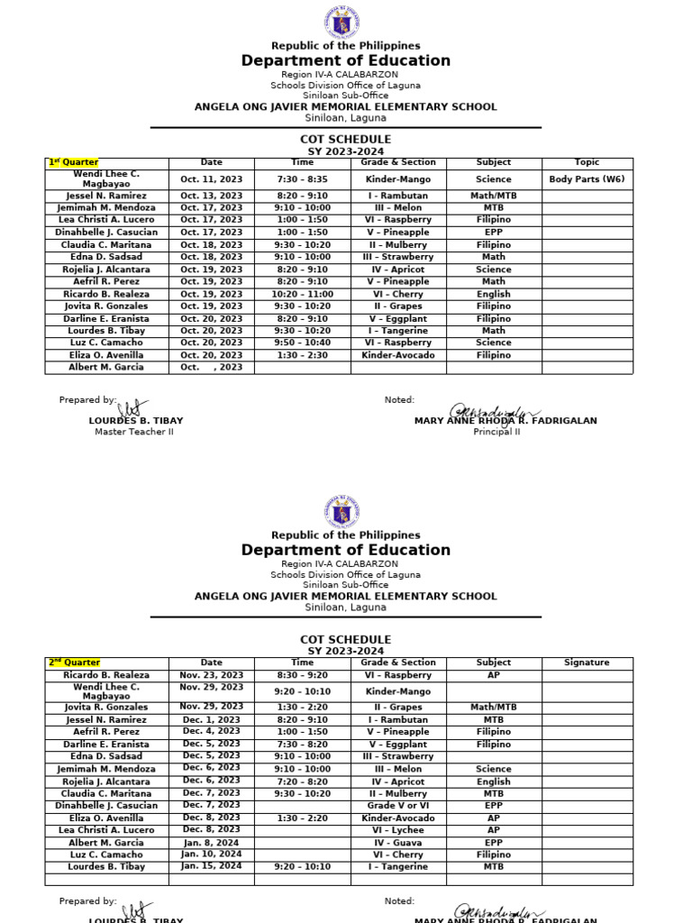 Cot Schedule First Quarter Sy23 24 | PDF | Vegan Cuisine | Fruit