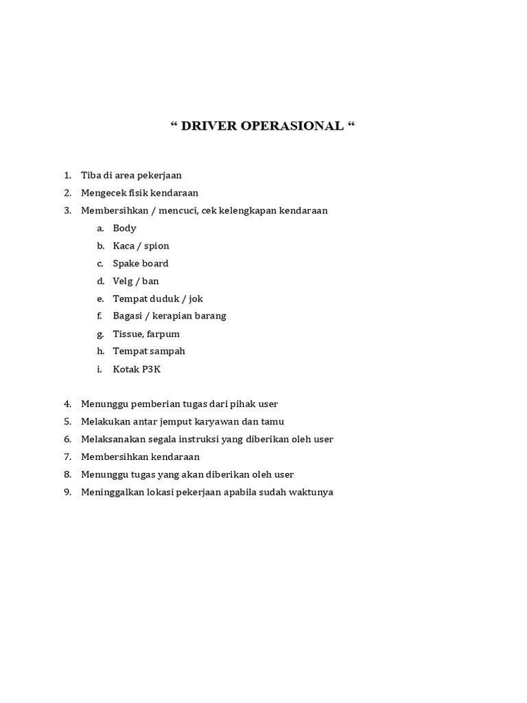 SOP Driver Operasional & Pimpinan | PDF