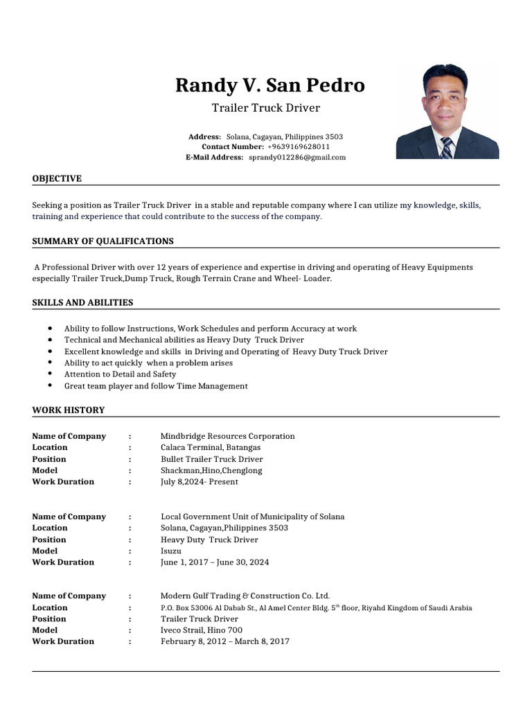 Randy San Pedro CV | PDF | Truck | Truck Driver
