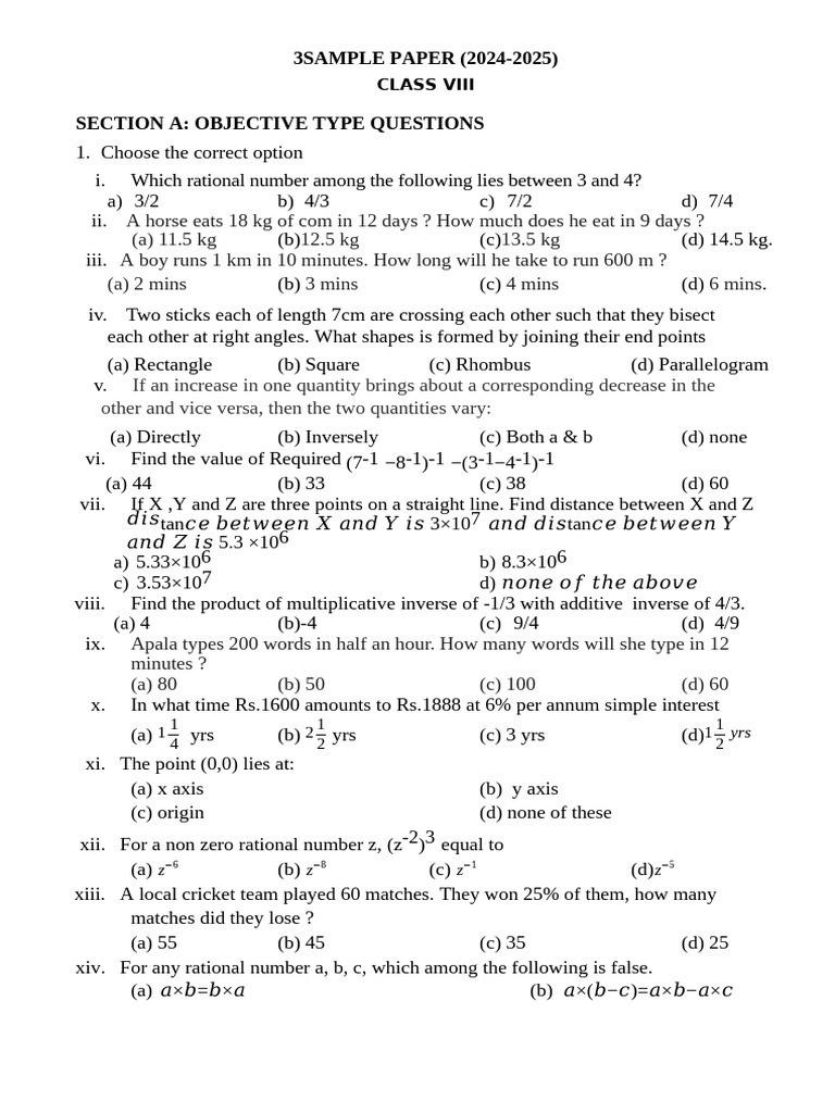 Maths Sample Paper Class 8-1 | PDF | Mathematics | Elementary Geometry