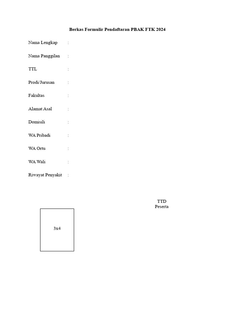 Berkas Formulir Pendaftaran PBAK FTK 2024 | PDF