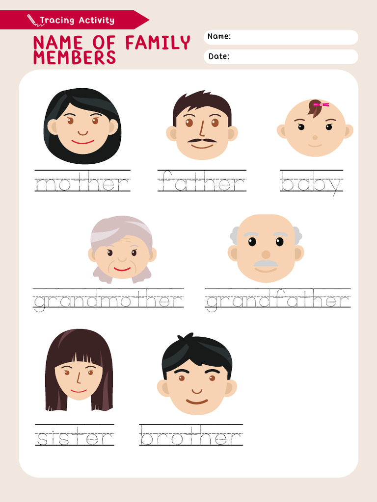 English Name of Family Members Tracing Worksheet in Cream Red White ...