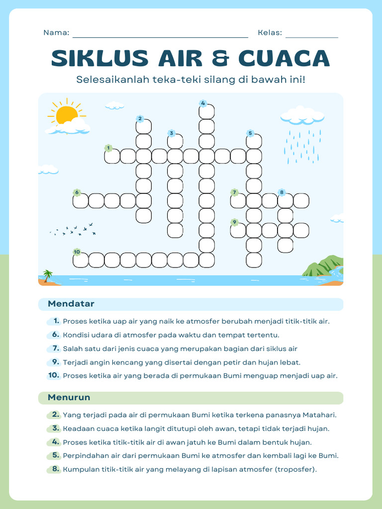 Siklus Air Dan Cuaca IPAS Lembar Kerja Teka-Teki Silang Biru Hijau Ilustrasi | PDF