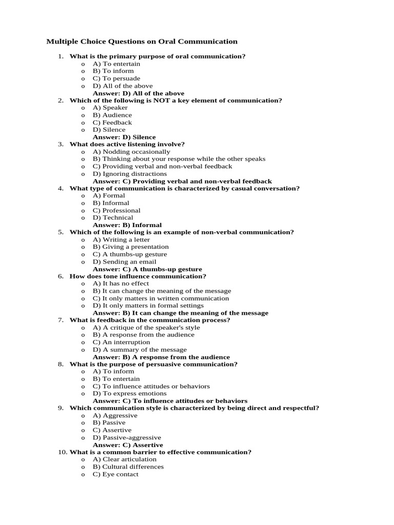 Multiple Choice Questions On Oral Communication | PDF | Communication ...