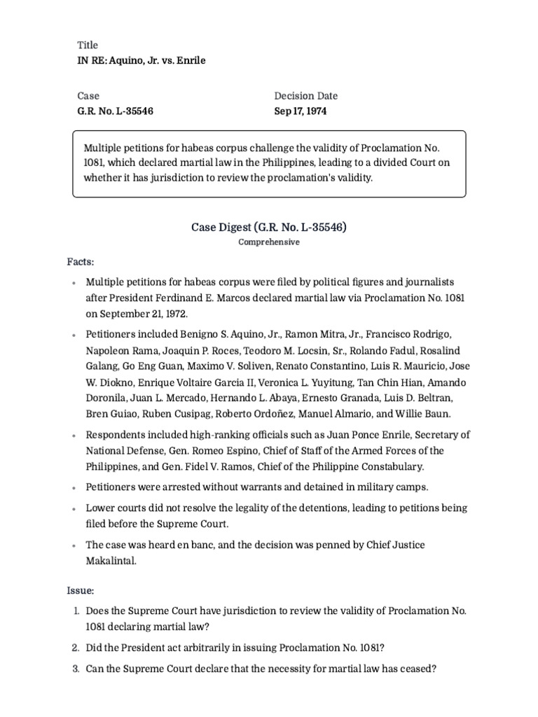 Case Digest - G.R. No. L-35546 - IN RE - Aquino, Jr. vs. Enrile | PDF | Martial Law | Justice