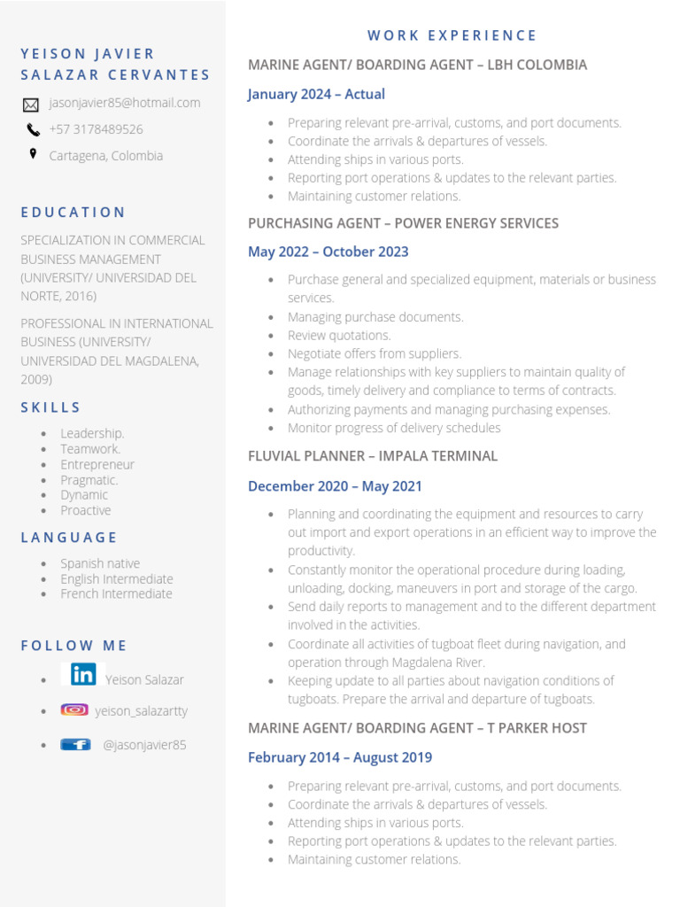Marine Agent/ Boarding Agent: Work Experience Yeison Javier Salazar ...