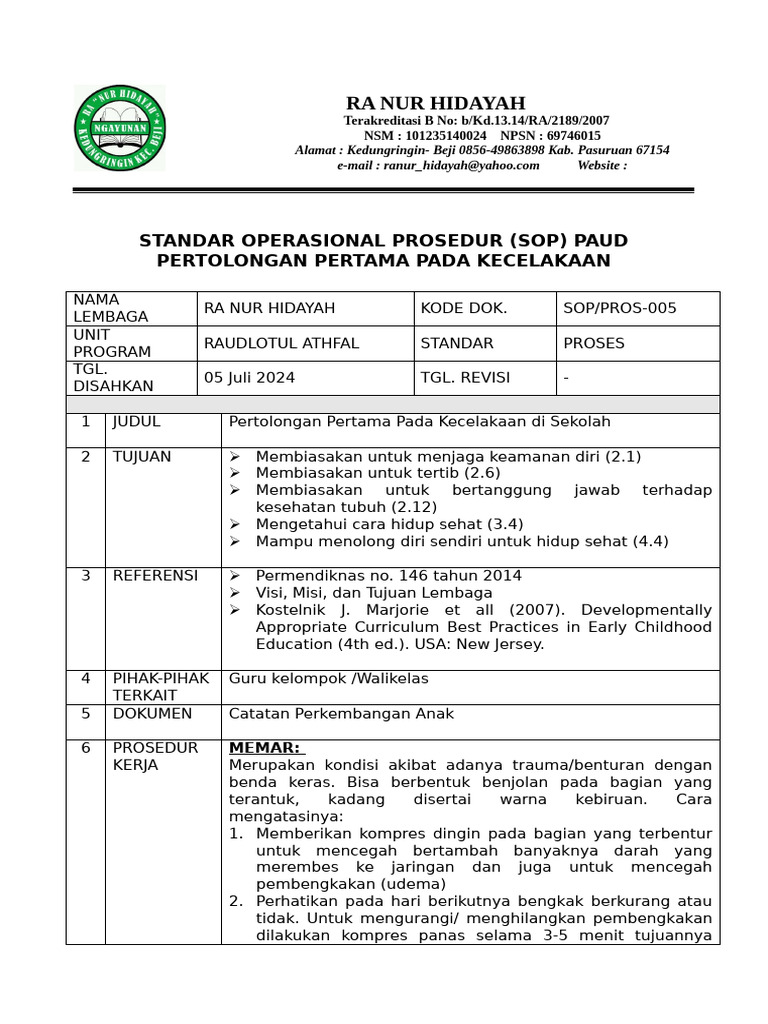 5 Sop Paud Pertolongan Pertama Pada Kecelakaan-22 | PDF