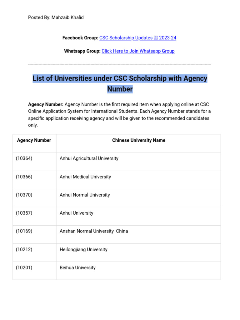 List of Chinese Universities With Agencies Number | PDF | China | World ...