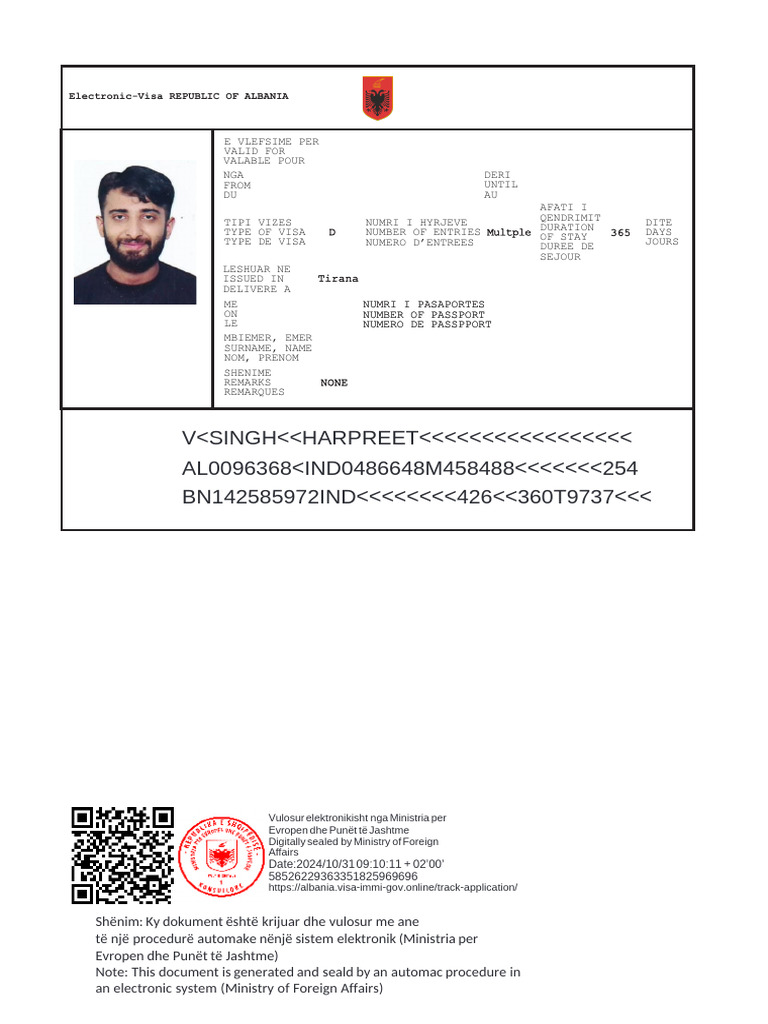 Harpreet Singh Albania Evisa | PDF