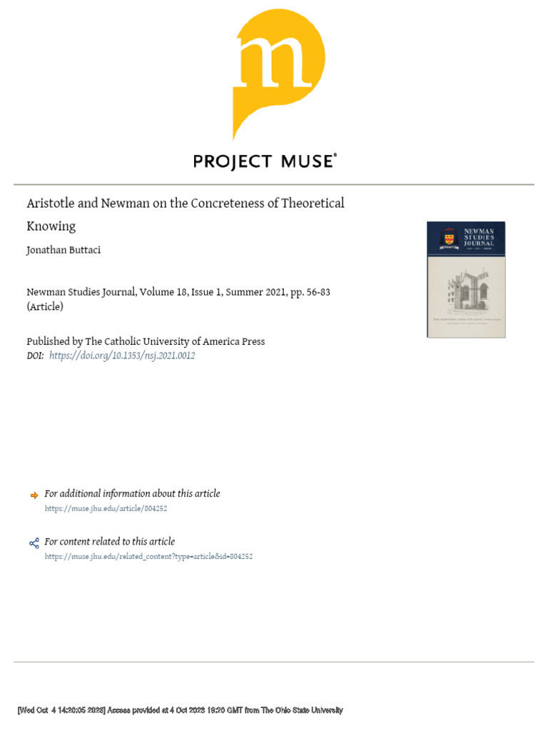 Aristotle and Newman On The Concreteness of Theoretical Knowing | PDF | Aristotle | Virtue