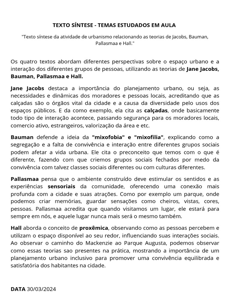Texto Síntese Teorias Jane Jacobs Bauman e Pallasmaa, Termodinâmica e ...