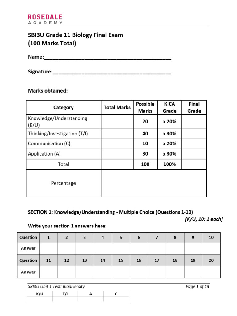 SBI3U Final Exam (Student Version) | PDF | Allele | Gene