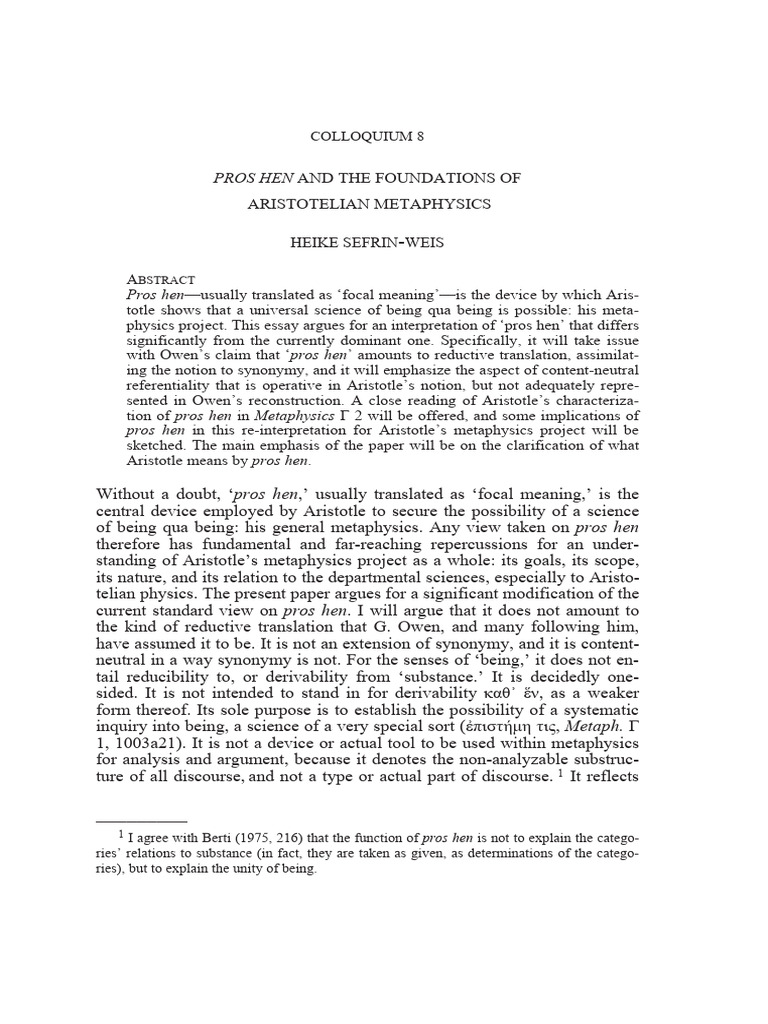 ''Pros Hen'' and The Foundation of Aristotelian Metaphysics | PDF ...