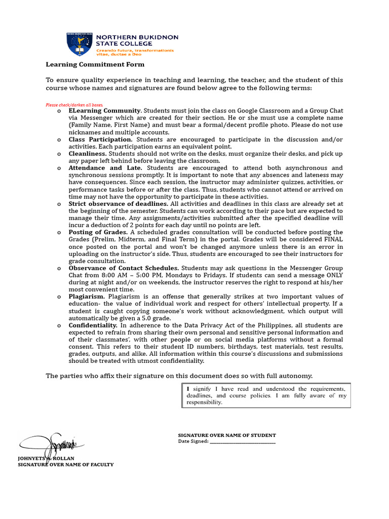 Student Learning Commitment Agreement | PDF