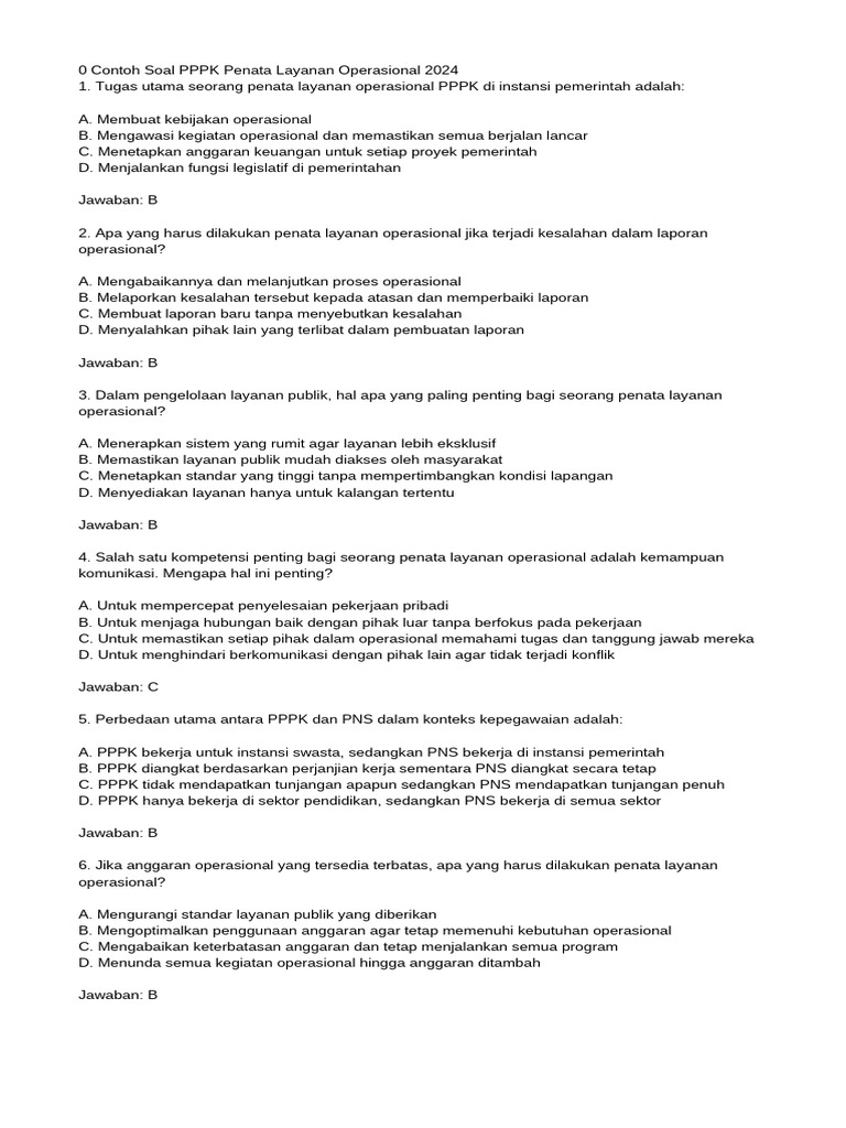 Contoh Soal PPPK Penata Layanan Operasional 2024 | PDF