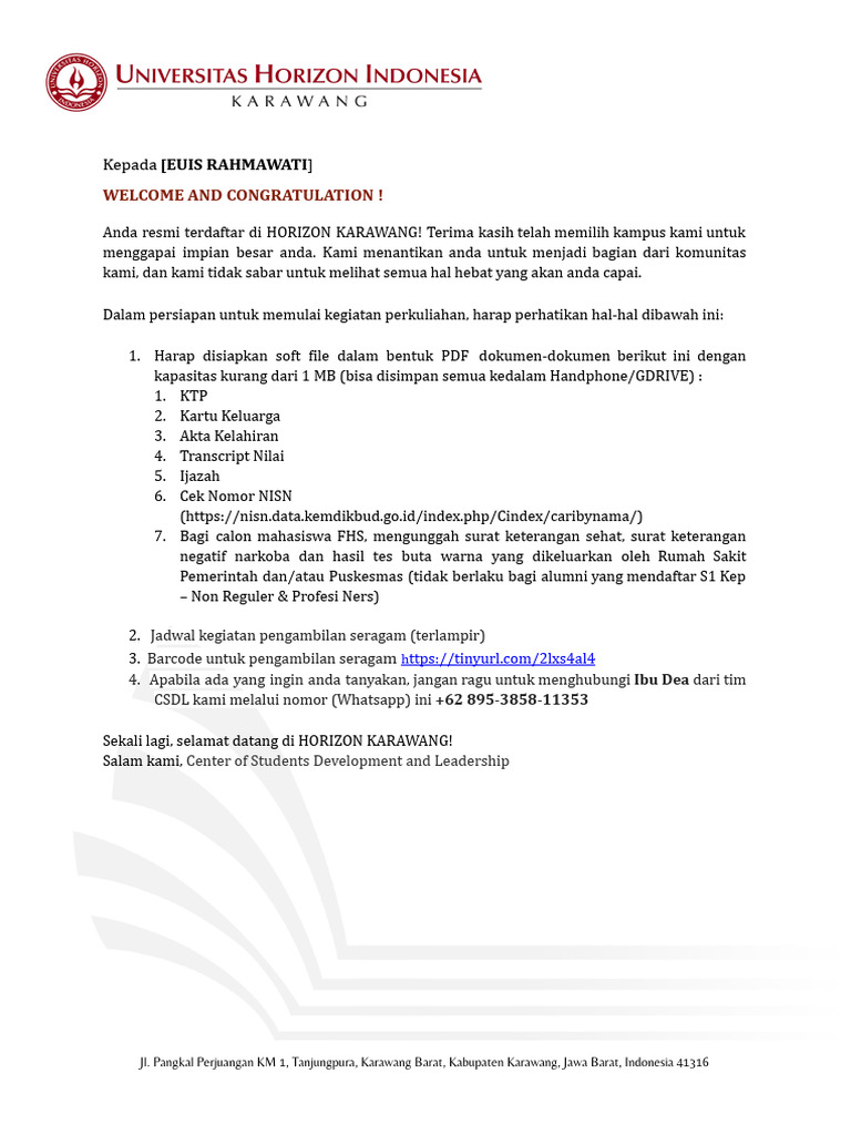 EUIS RAHMAWATI - Freshman Welcome Letter 24-25 | PDF