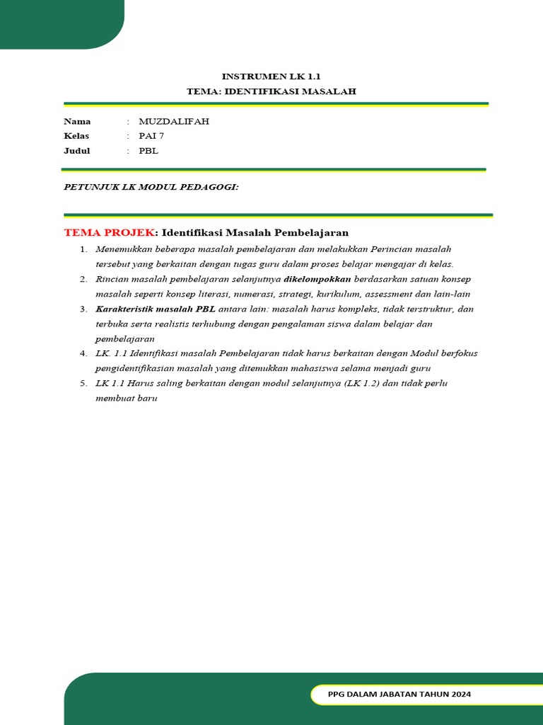 LK 1.1 Identifikasi Masalah - Pedagogi PBL | PDF