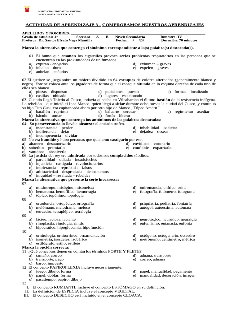 Actaprend 3 - 4ab - RV - Comprobamos Nuestros Aprendizajes | PDF