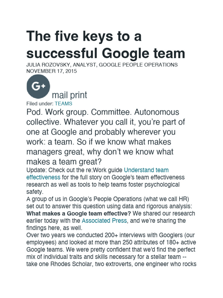 Five Keys to Google Team Success | PDF | Risk | Psychological Concepts