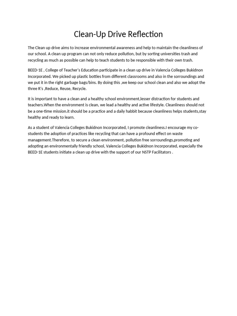Clean-Up Drive-Reflection | PDF