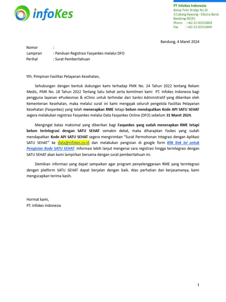 PT. Infokes - Surat Pemberitahuan Integrasi Satu Sehat-2 | PDF | Bisnis ...