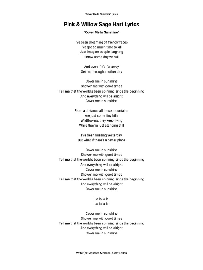 Pink & Willow Sage Hart - Cover Me in Sunshine Lyrics | PDF | Science ...