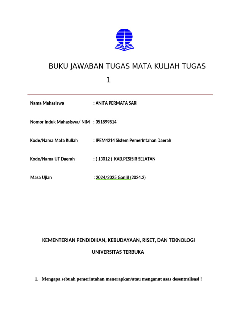 Tugas Anita Sistem Pemerintahan Daerah | PDF