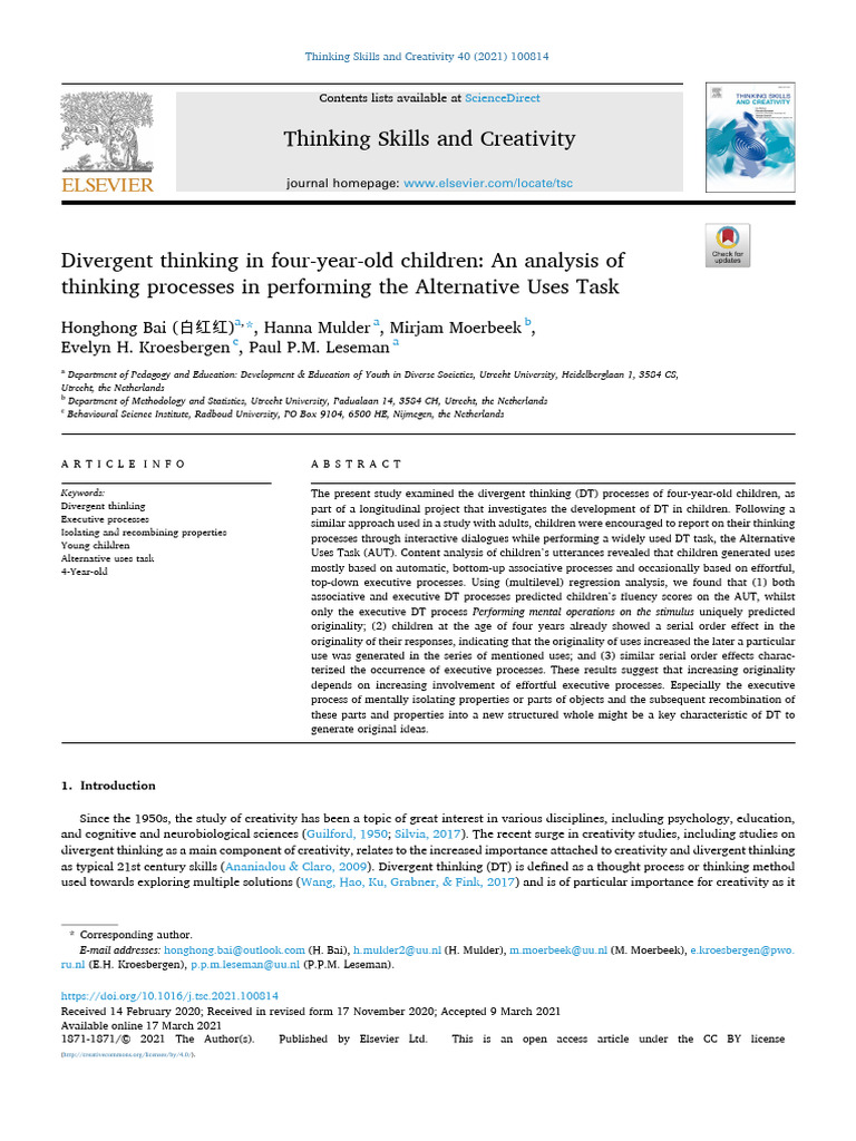 Bai 2021 WoS - Divergent Thinking in Four-Year-Old Children - An ...