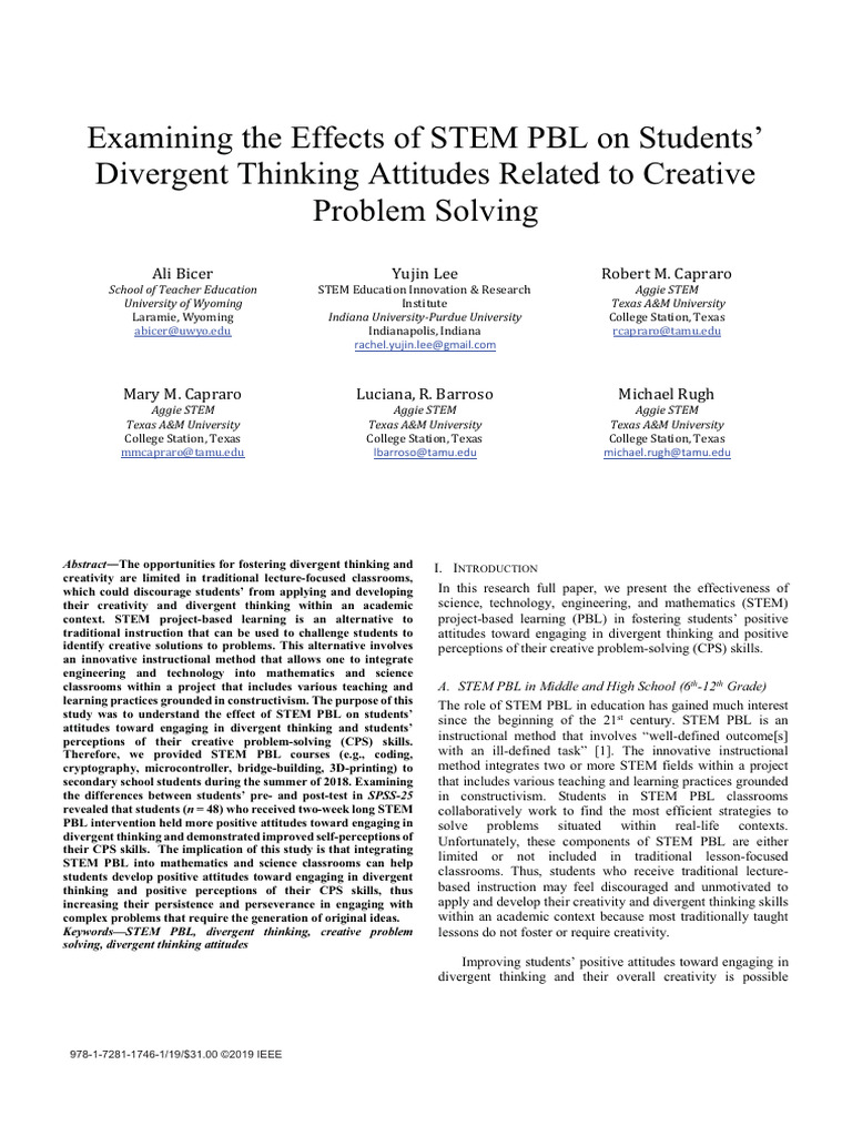 Bicer 2019 - Examining The Effects of STEM PBL On Students' Divergent Thinking Attitudes Related ...