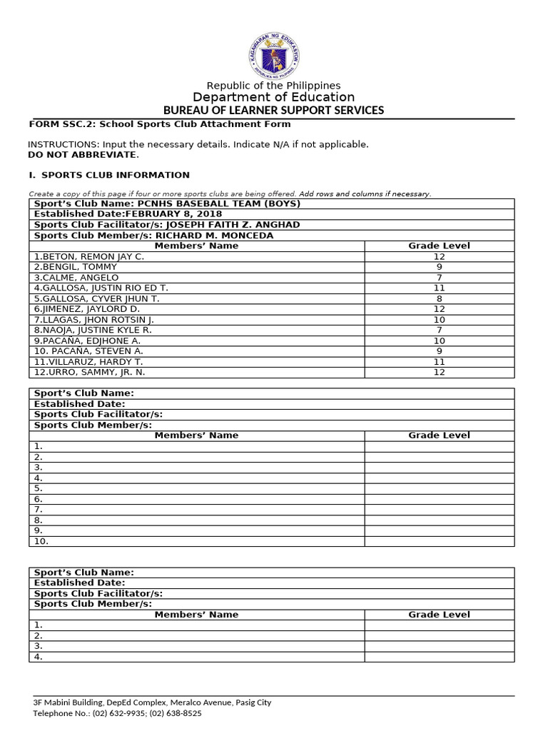 FORM SSC.2 School Sports Club Attachment Form v1 | PDF | Ball Games ...