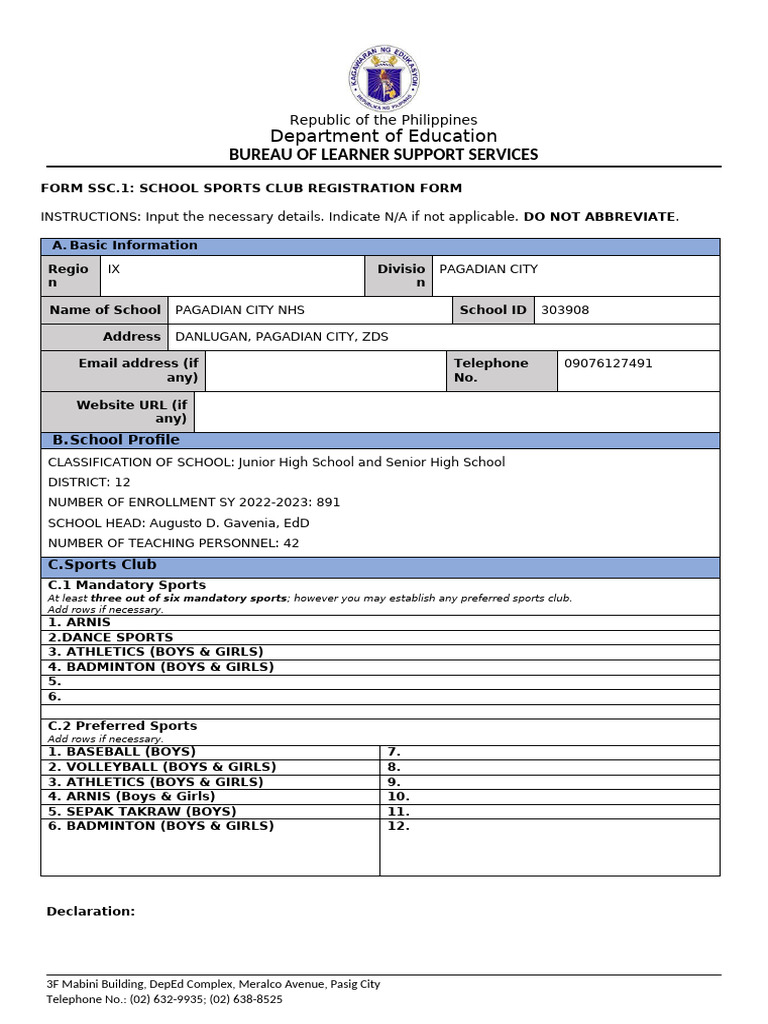 School Sports Club Registration Form | PDF