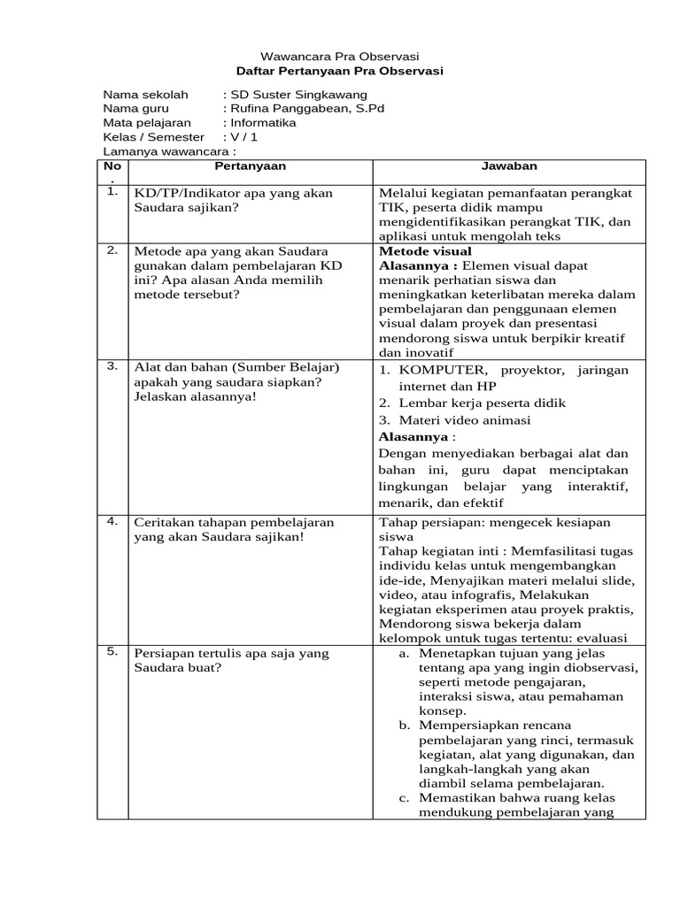 Daftar Pertanyaan Pra Observasi RUFINA | PDF | Karier & Perkembangan | Seni