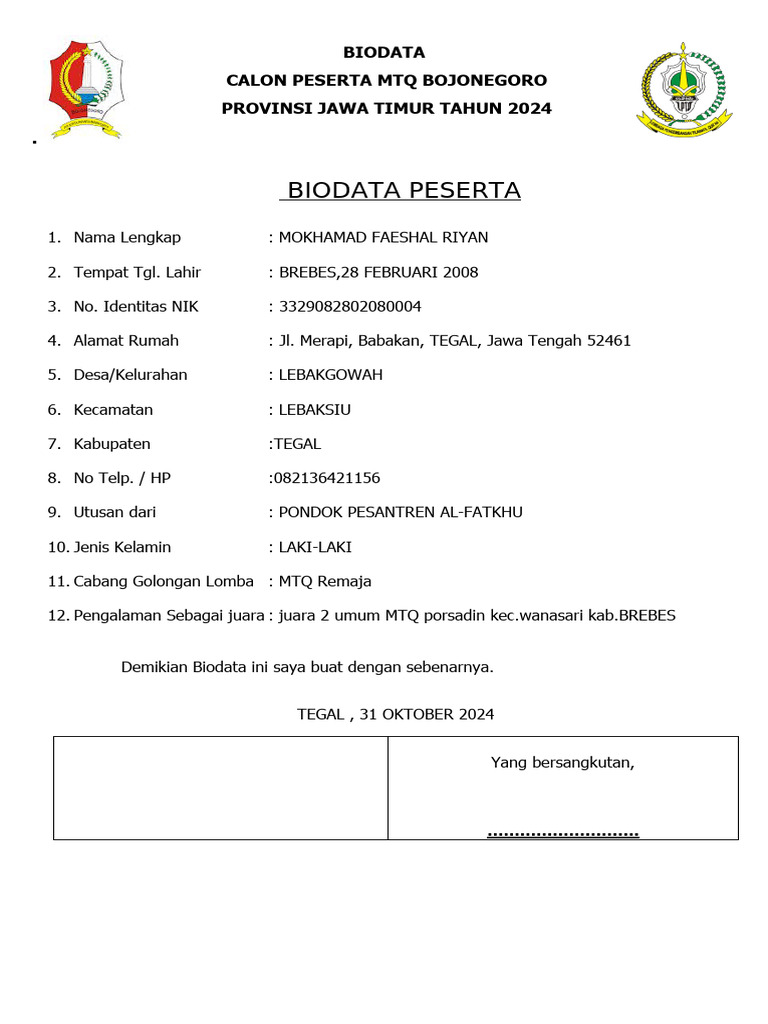 Biodata Peserta MTQ Bojonegoro 2024 | PDF | Kesehatan Holistik