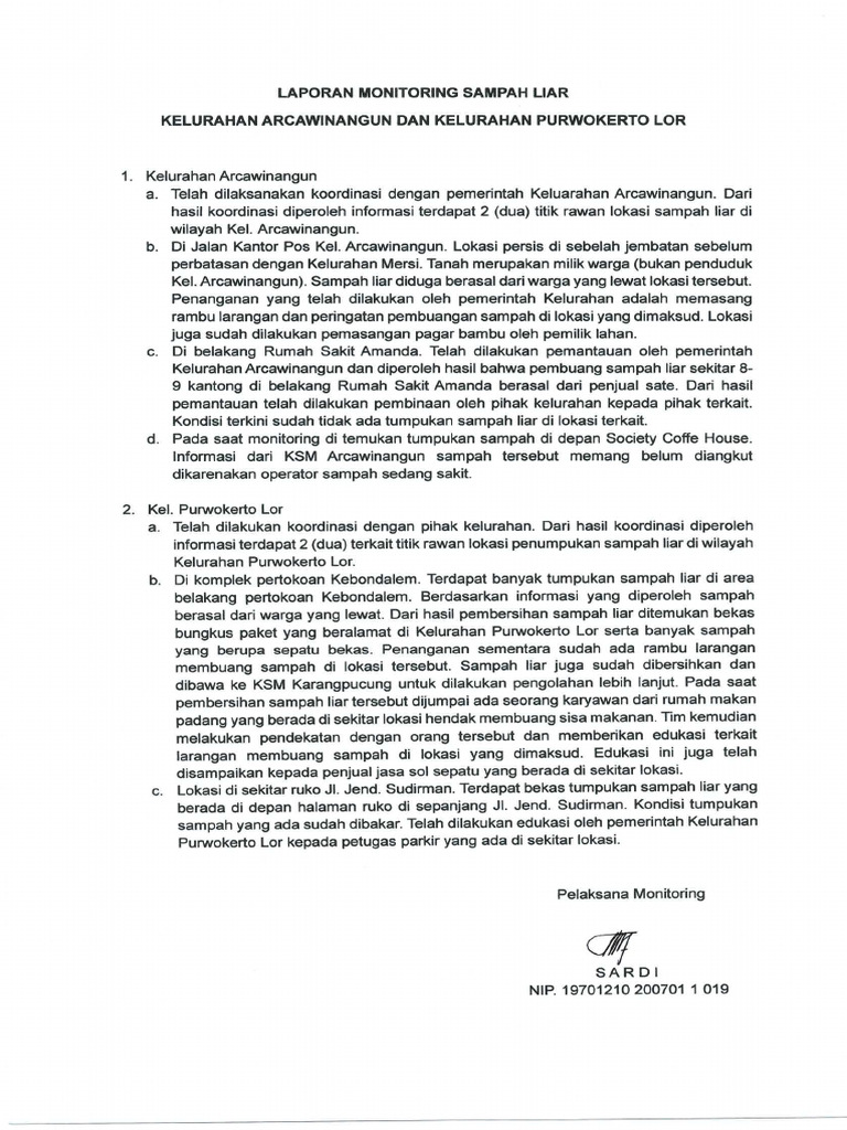 LAP MONITORING SAMPAH LIAR (Arca& PWT Lor) | PDF