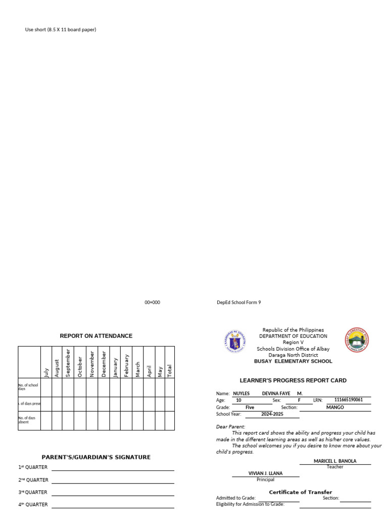 Sf 9 Report Card Automated | PDF | Learning