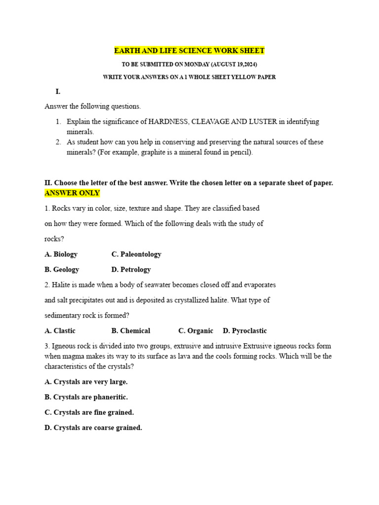 Earth and Life Science Work Sheet | PDF | Rock (Geology) | Sedimentary Rock