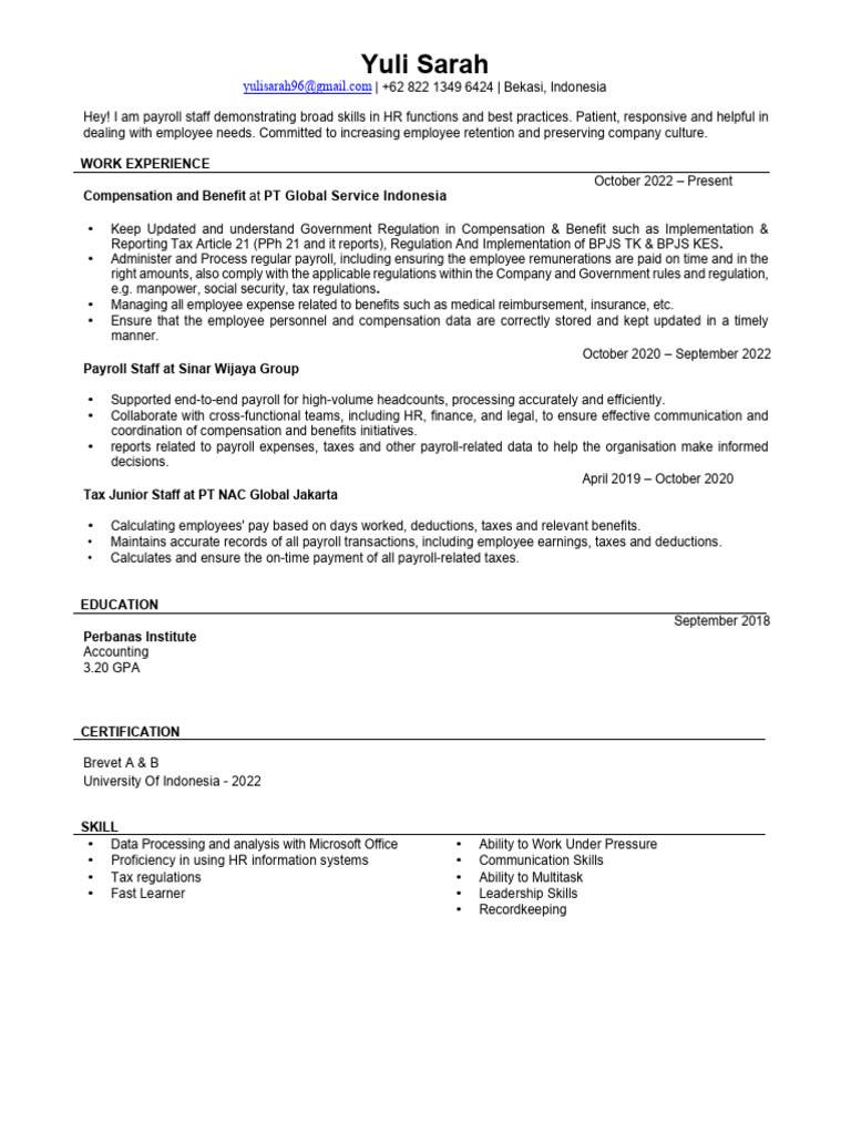 RESUME YULI SARAH | PDF | Payroll | Taxes