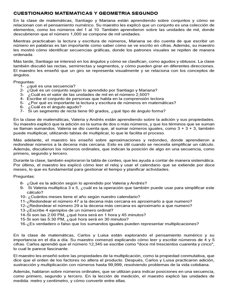 Cuestionario 2 Mate | PDF | Multiplicación | Pensamiento
