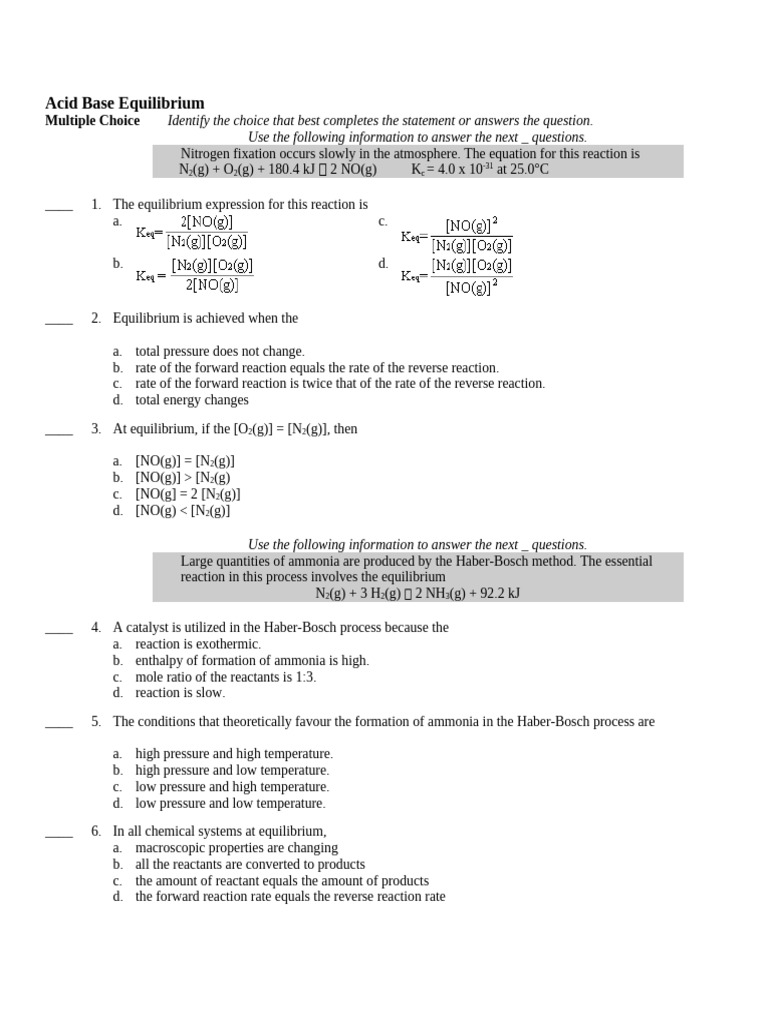 Acid Base Equilibrium Diploma Questions | PDF | Acid | Buffer Solution