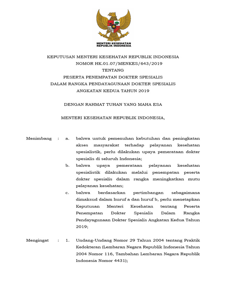KMK No. HK.01.07-MENKES-643-2019 TTG Peserta Penempatan Dokter Spesialis A i04FHvA | PDF