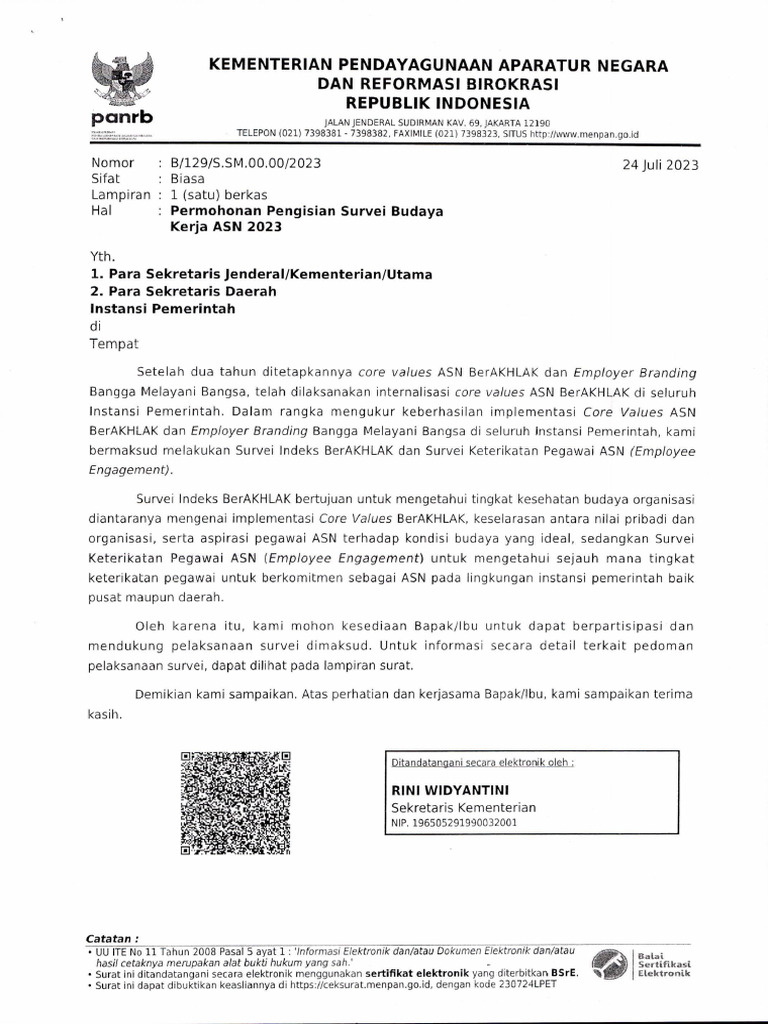 Kemenpan RB - Permohonan Pengisian Survei Budaya Kerja ASN 2023 | PDF