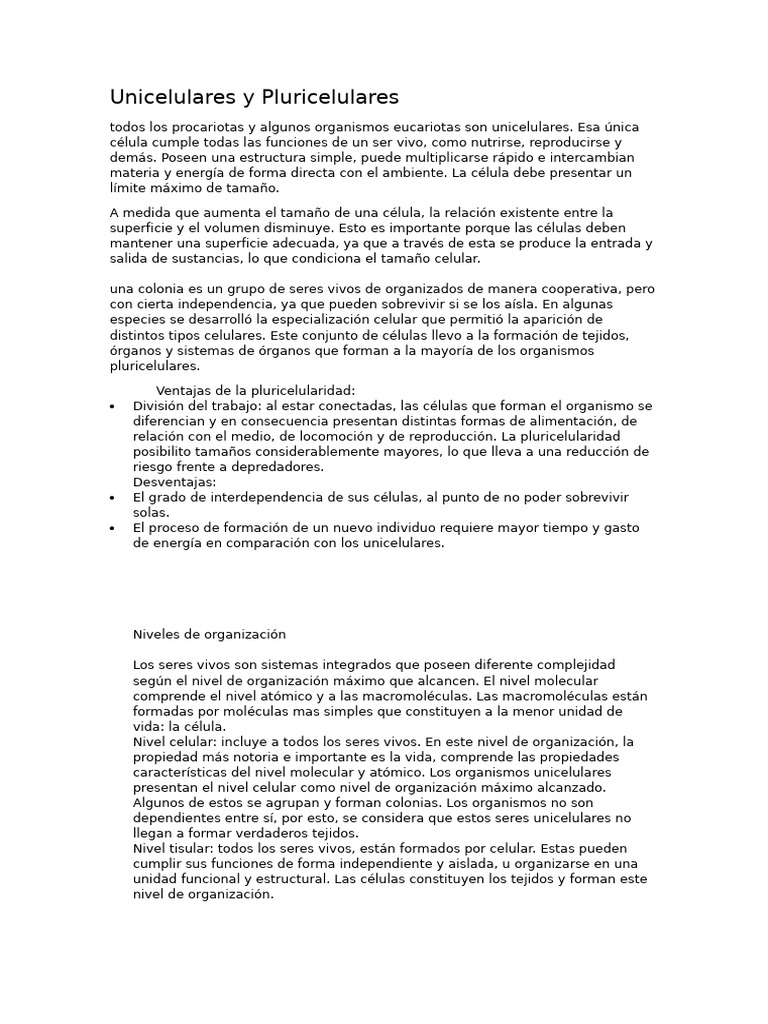 Unicelulares y Pluricelulares Resumen | PDF | Mitosis | Biología Celular)