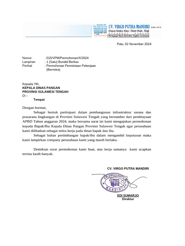 Permohonan Kerja Dinas Pangan Sulteng | PDF