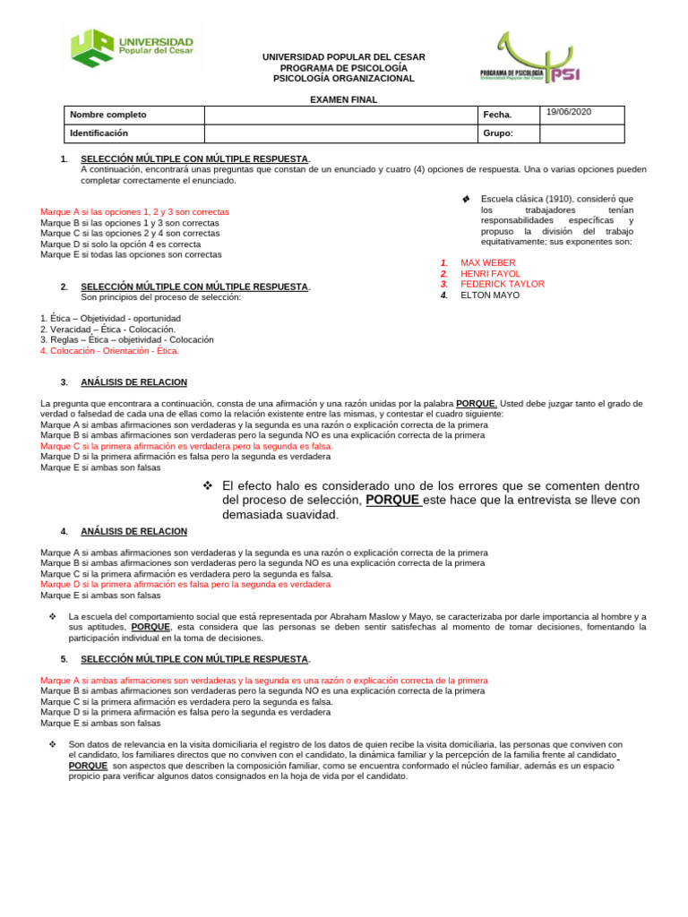 Examen Final 2020-1 | PDF | Verdad | Sicología