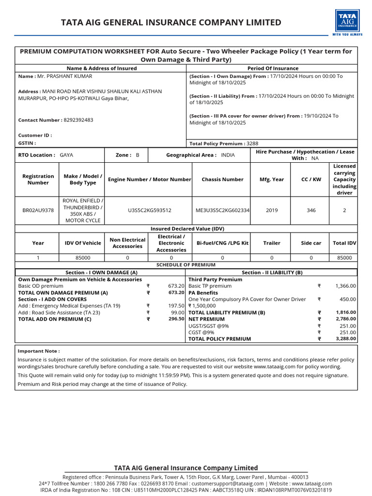 Tata AIG Motor Premium Quote - 3187 - QT - 24 - 6119807358 | PDF ...