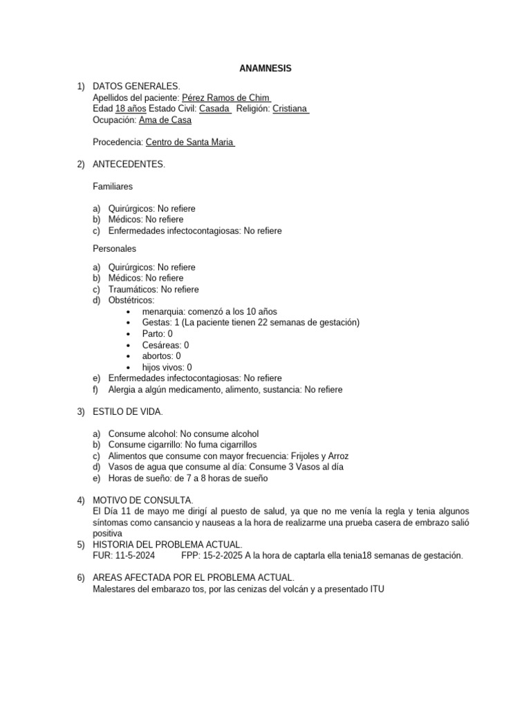 Anamnesis de Embarazo en Paciente Joven | PDF | Enfermería | Dormir