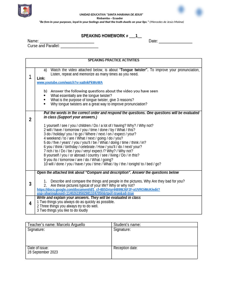 Speaking Homework Activities Guide | PDF