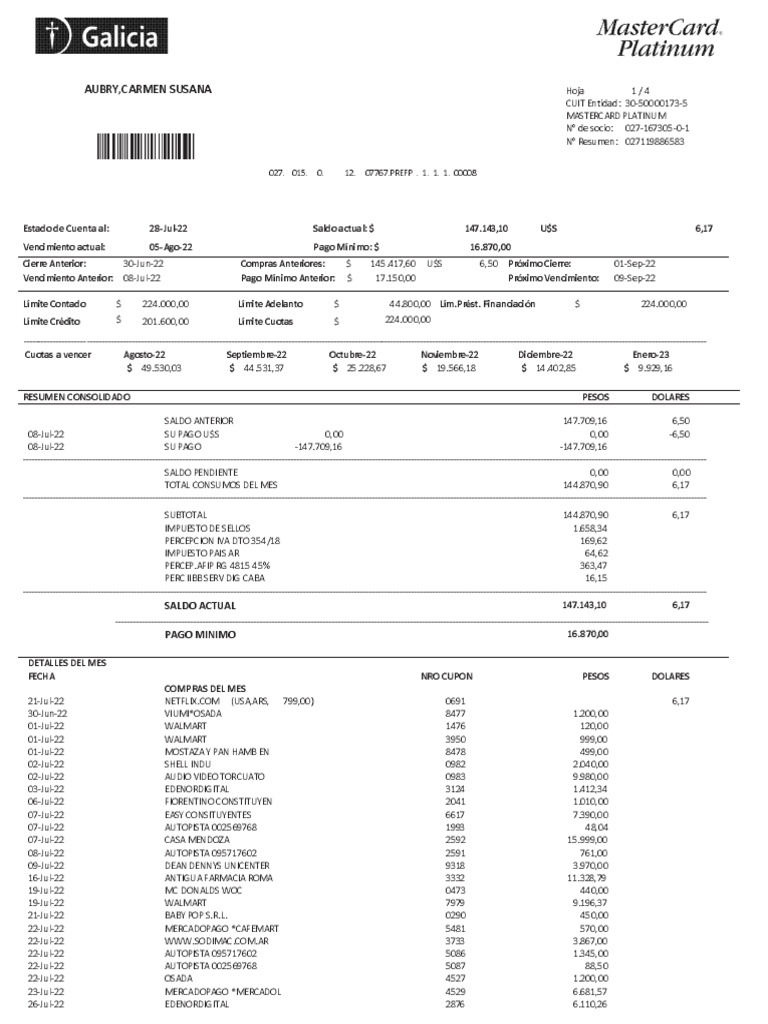 Resumen de Cuenta Mastercard Platinum | PDF | Bancos | Pagos