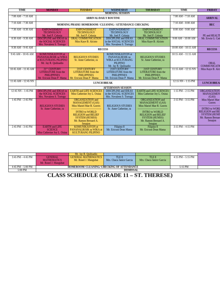 Grade 11 Class Schedule Overview | PDF